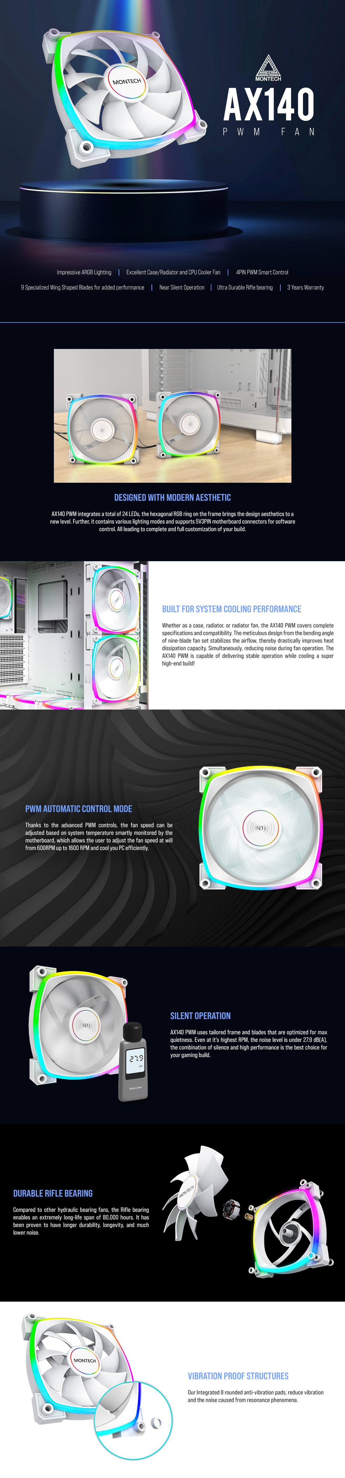 Montech AX140 PWM White 140mm Fan | Cooling | Scorptec Computers