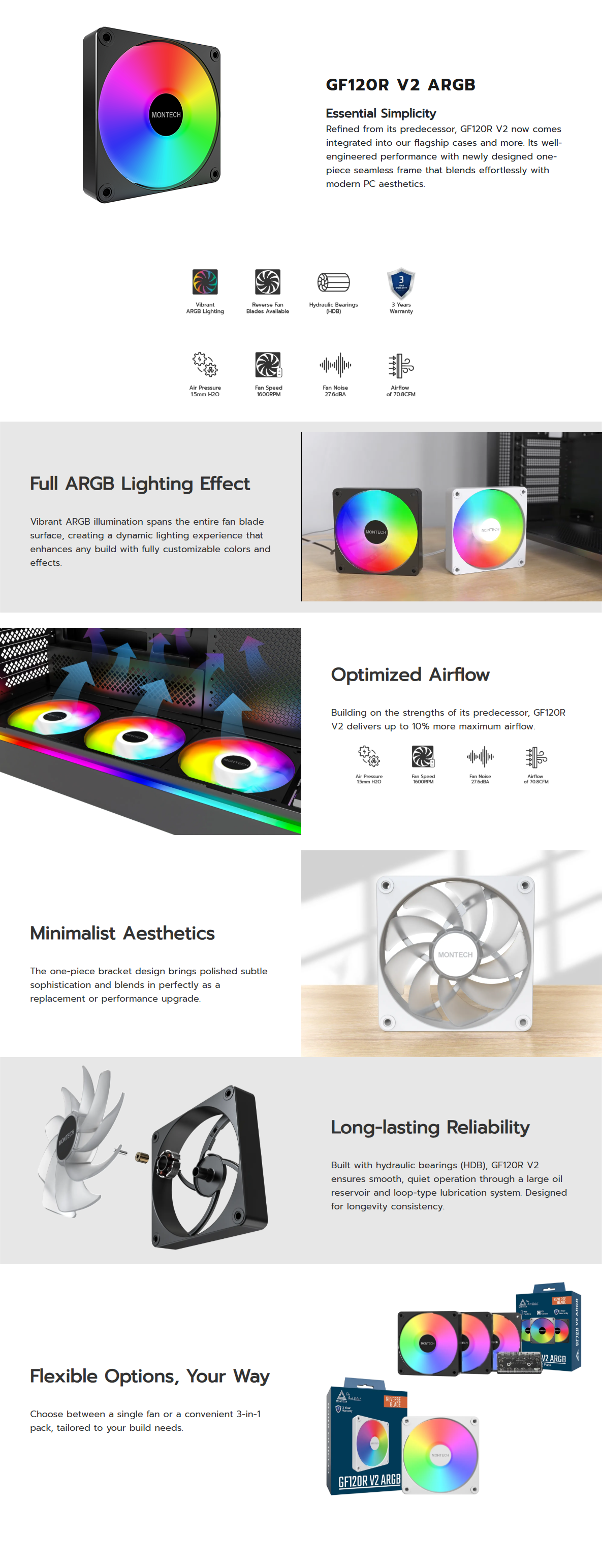 Montech GF120R V2 ARGB 120mm Reverse Fan | Scorptec Computers