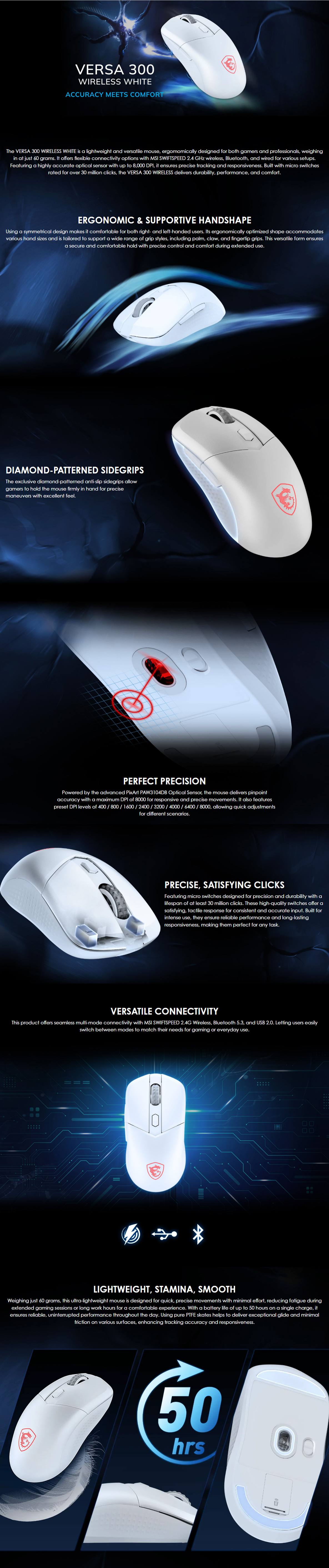 MSI VERSA 300 RGB White Wireless Gaming Mouse | Scorptec Computers
