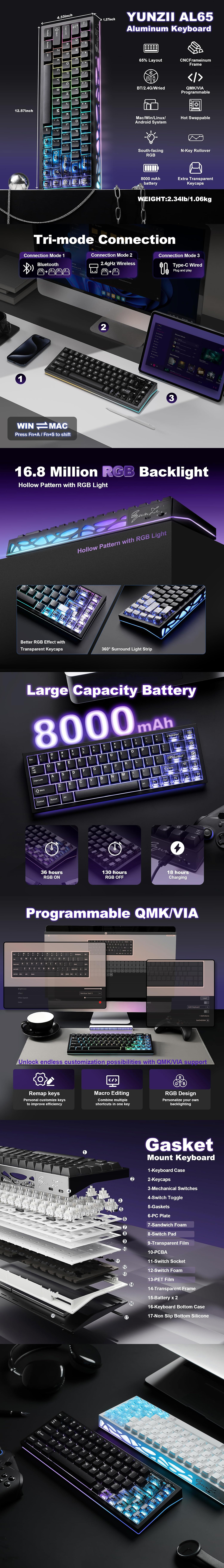 YUNZII AL65 RGB Black Wireless Mechanical Keyboard, Milk V2 SW ...