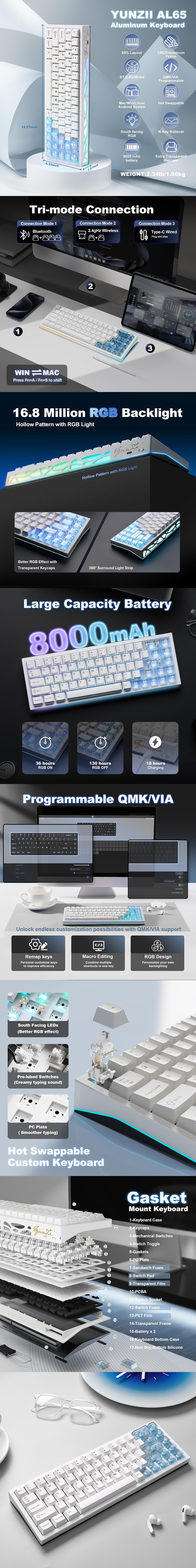 YUNZII AL65 RGB Silver Wireless Mechanical Keyboard, Milk V2 SW ...