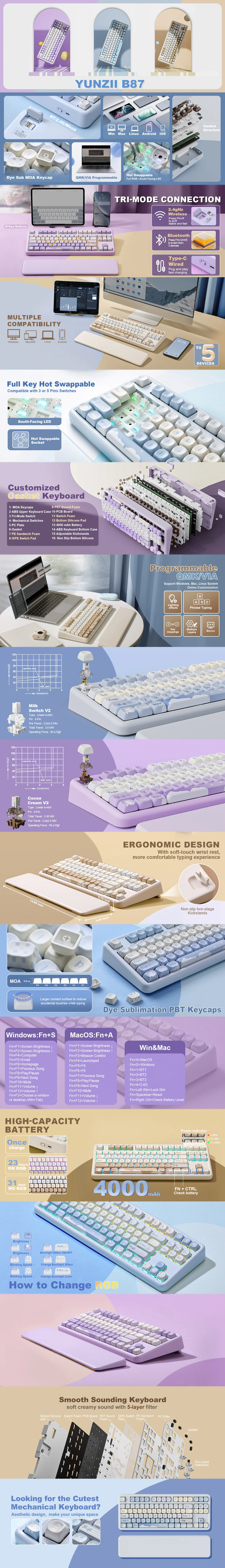 YUNZII B87 RGB Butter Wireless Mechanical Keyboard, Cocoa Cream V2 SW ...