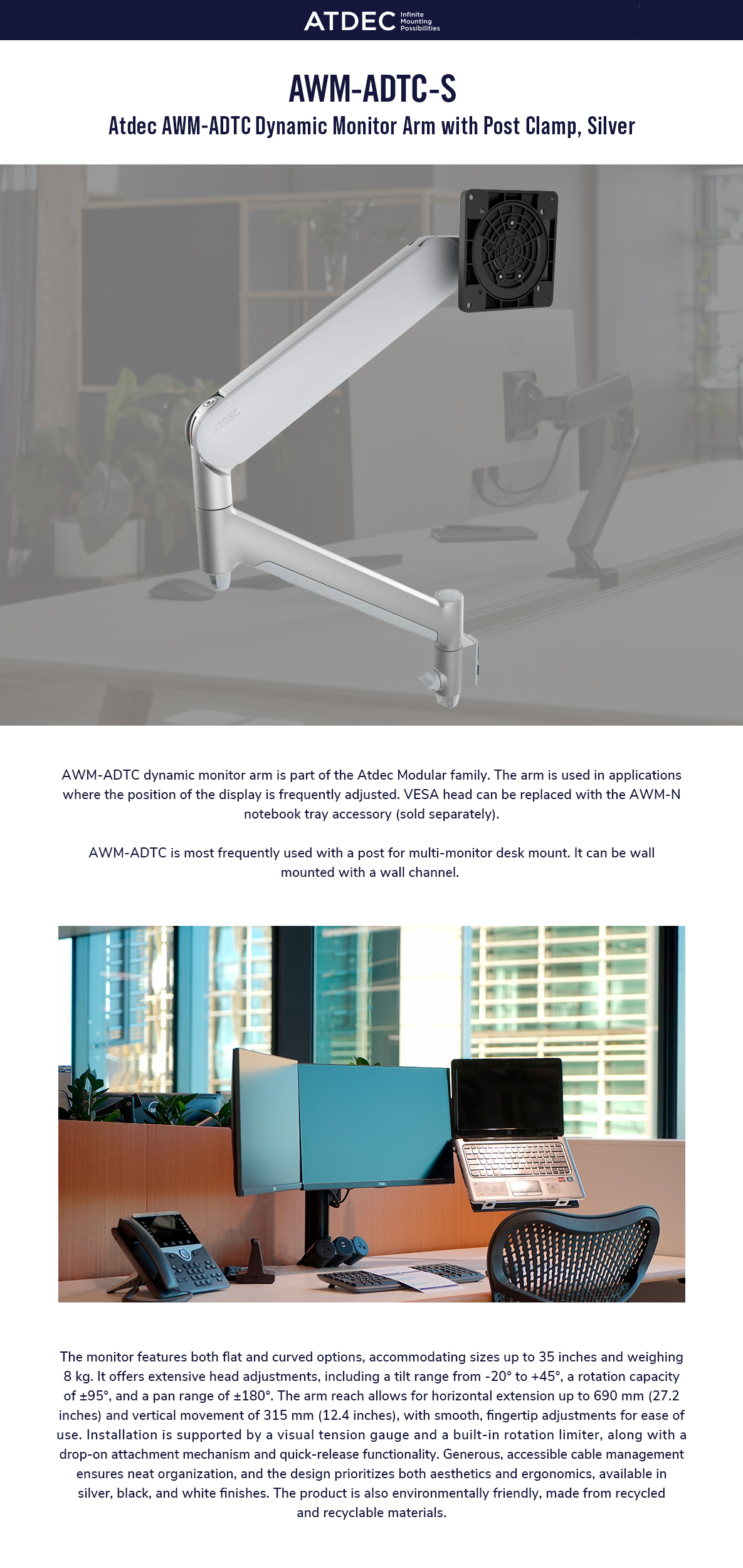 Atdec AWM-ADTC Dynamic Monitor Arm with Post Clamp, Silver | Scorptec ...