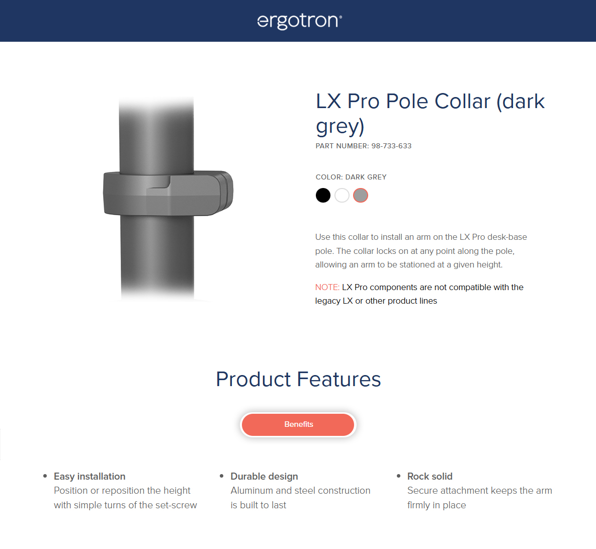 Ergotron LX Pro Pole Collar Kit, Dark Grey | Scorptec Computers