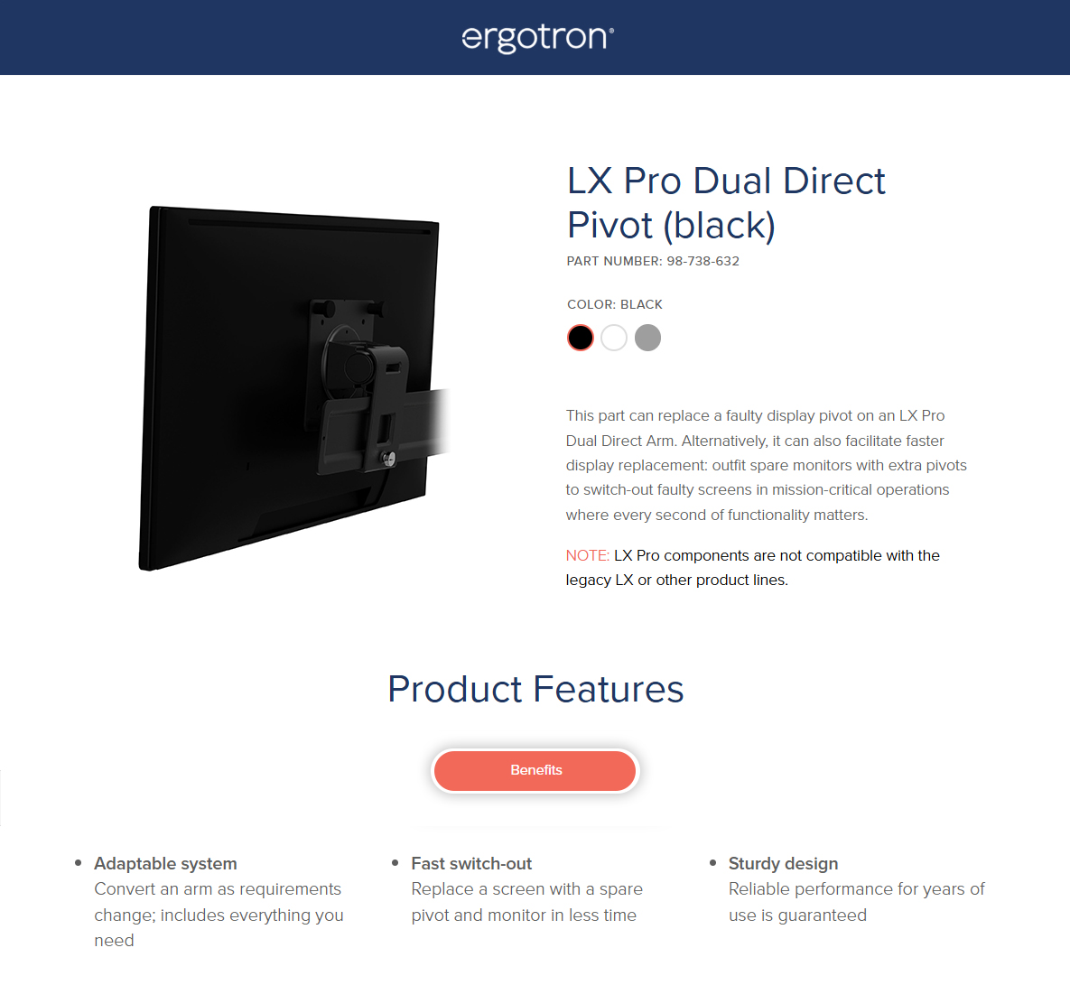 Ergotron LX Pro Dual Direct Pivot Replacement Kit, Black | Scorptec ...