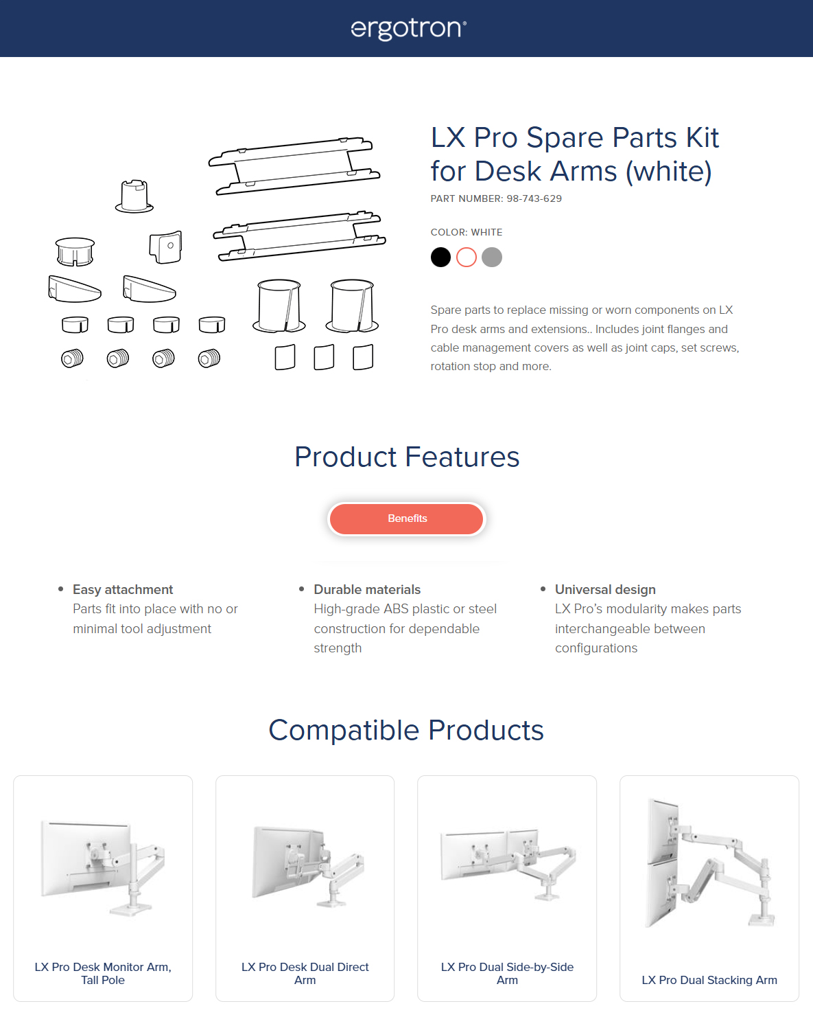 Ergotron LX Pro Spare Parts Kit for Desk Arms, White | Scorptec Computers