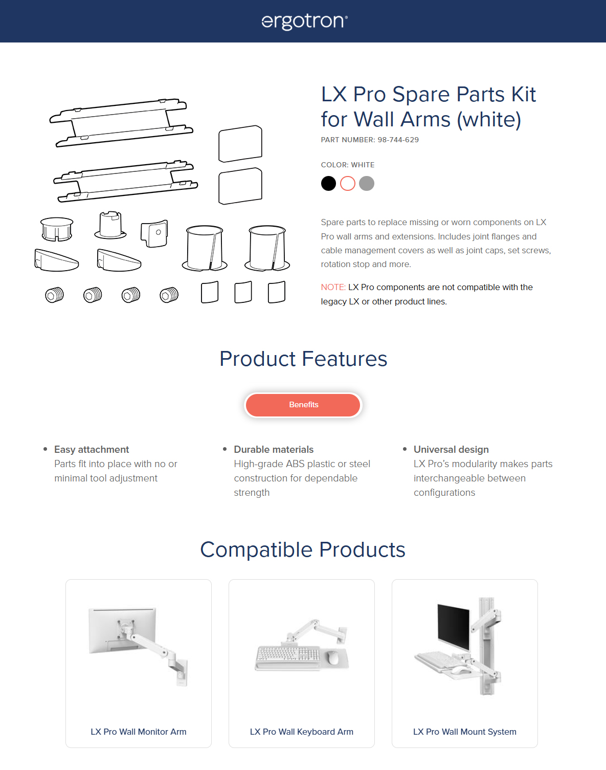 Ergotron LX Pro Spare Parts Kit for Wall Arms, White | Scorptec Computers