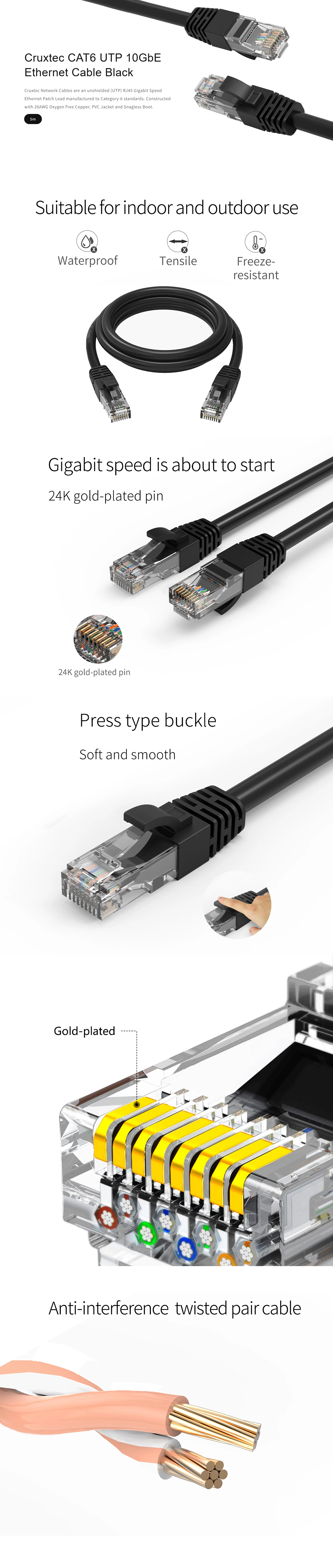 Cruxtec 5m RC6-050-BK CAT6 UTP 10GbE Ethernet Cable, Black | Scorptec ...