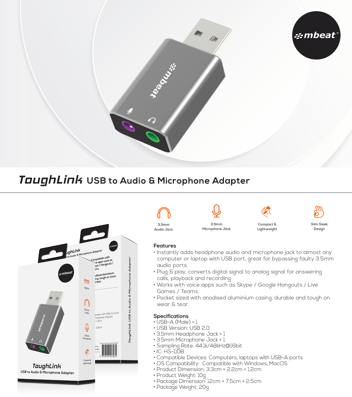 mBeat Elite USB to 3.5mm Audio and Microphone Adapter | Scorptec Computers