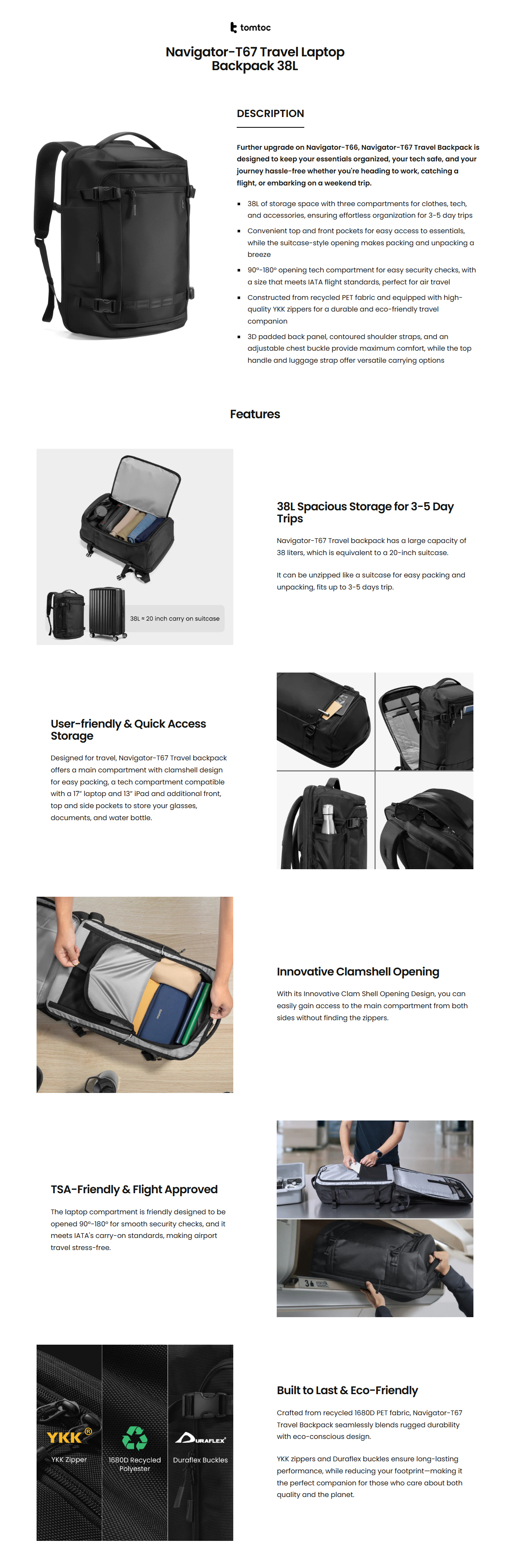 tomtoc Navigator T67 38L Travel Laptop Backpack | Scorptec Computers