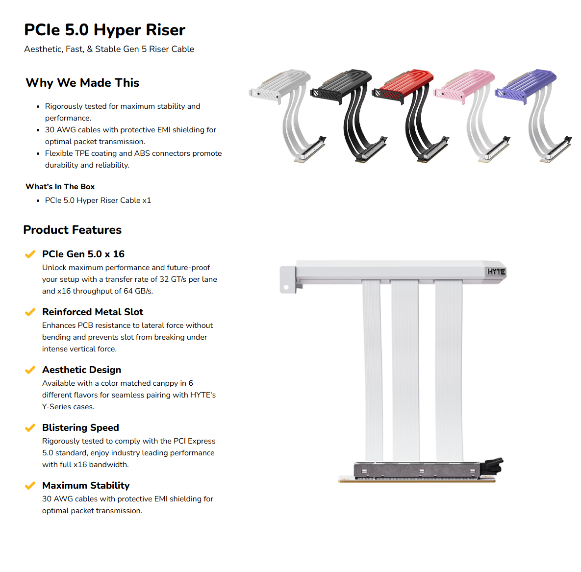 HYTE PCIE 5.0 Hyper Shroud Snow White Riser Cable | Scorptec Computers