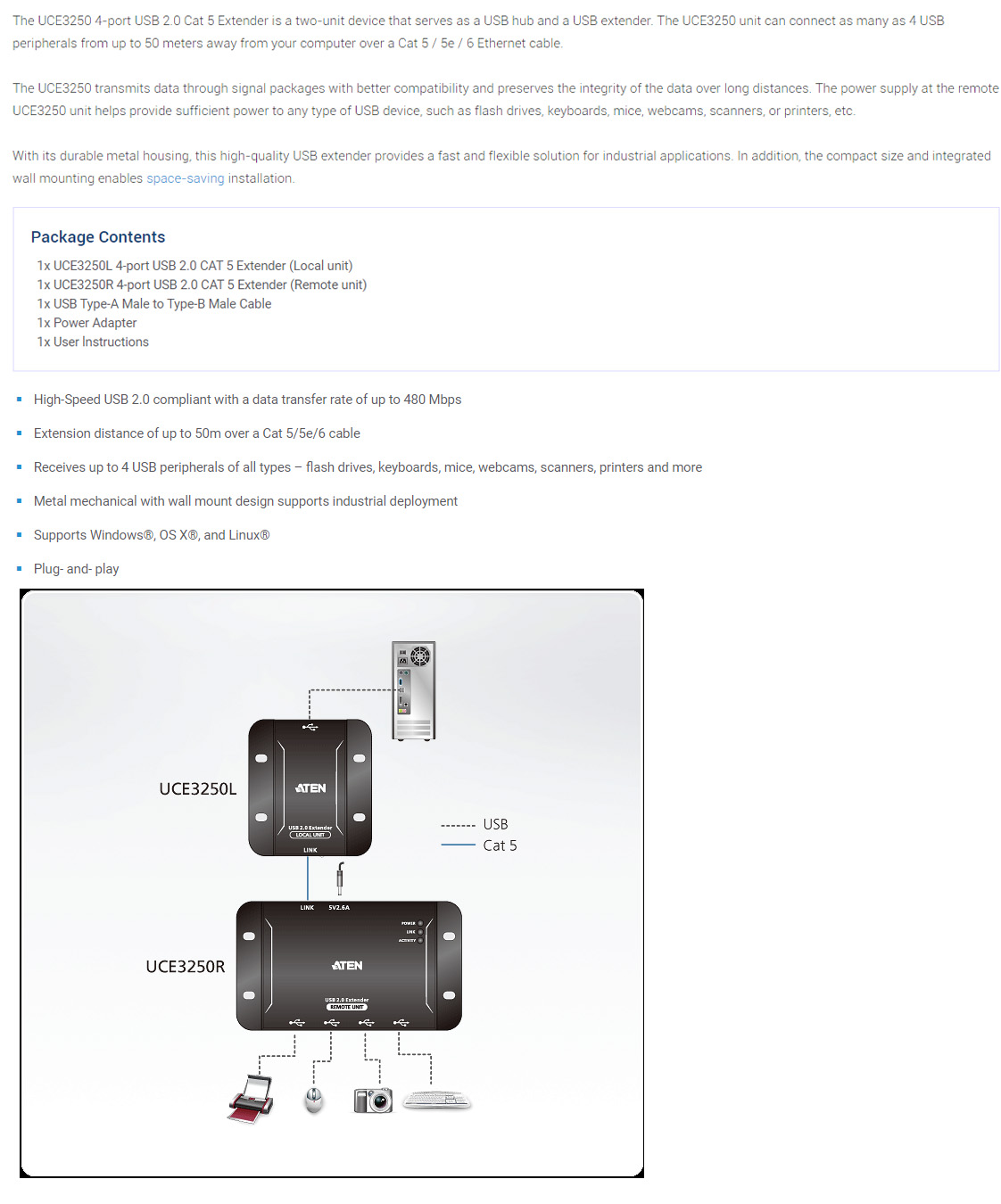 ATEN 4-Port USB 2.0 CAT 5 Extender | Scorptec Computers