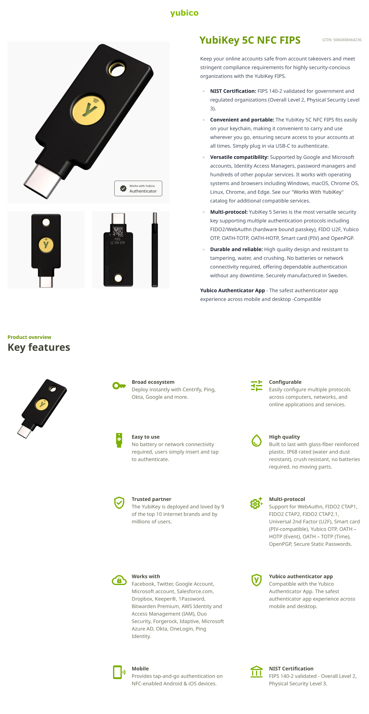 Yubico YubiKey 5C NFC FIPS USB-C Security Key | Scorptec Computers